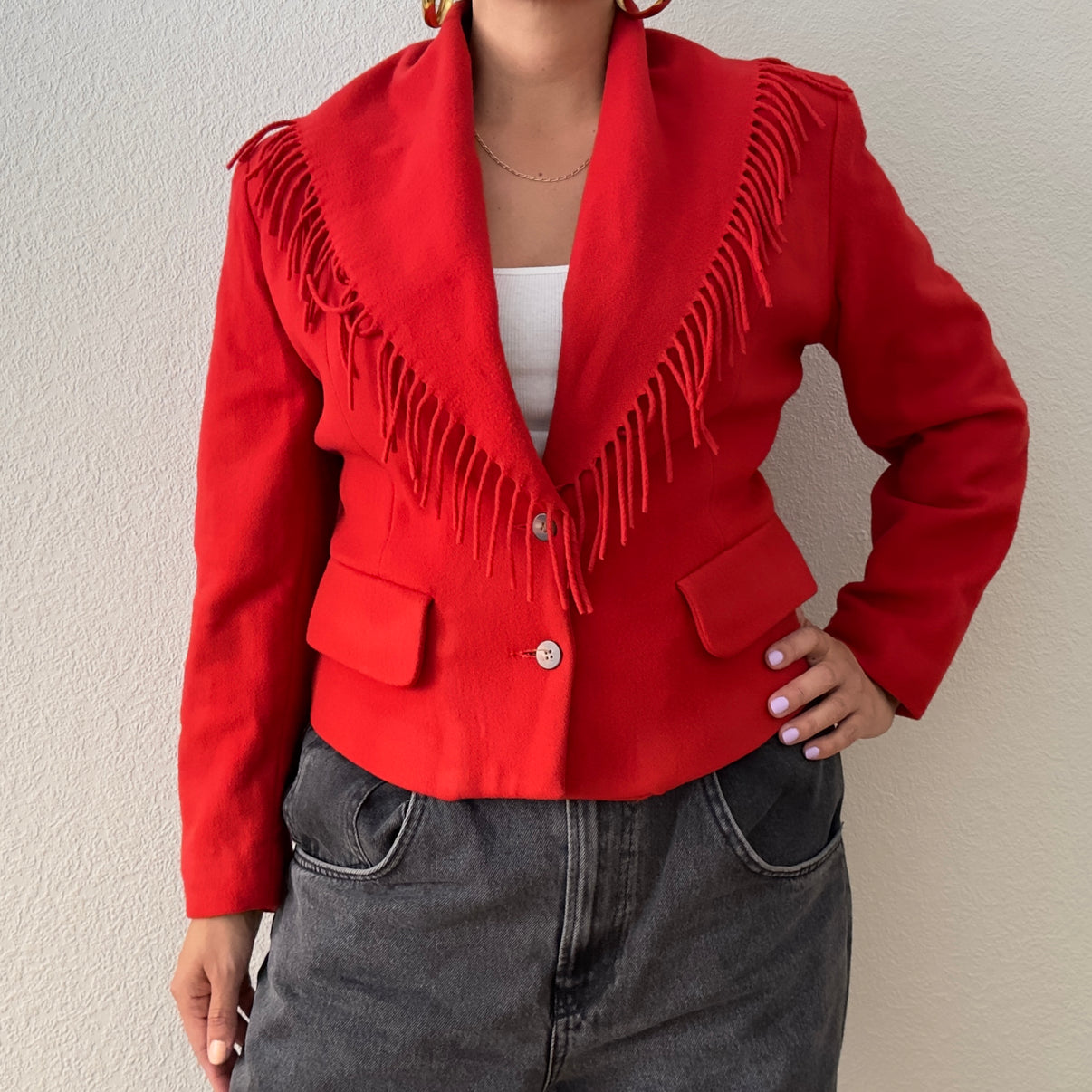 Vintage Red Wool-Blend Jacket - Fringe Collar – Olivias Garderob